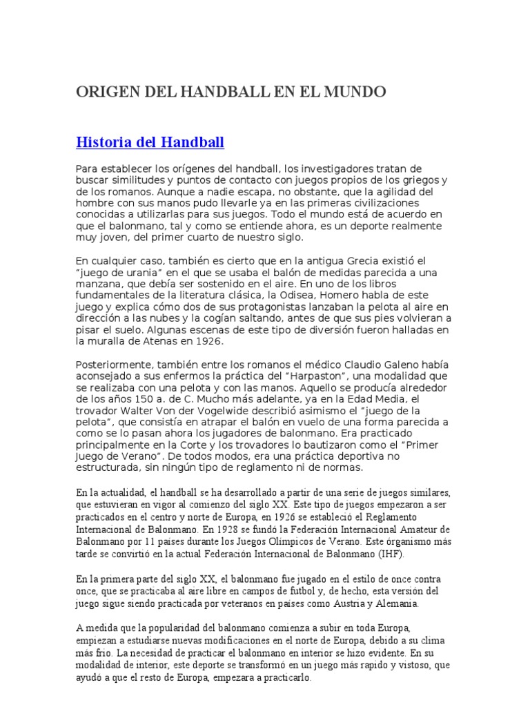 Origen Del Handball en El Mundo | PDF | Deportes | Ocio