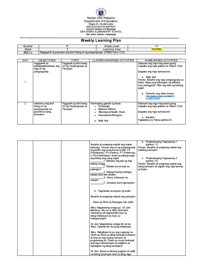 Weekly Learning Plan - FILIPINO - Q4 - WK - 3 | PDF
