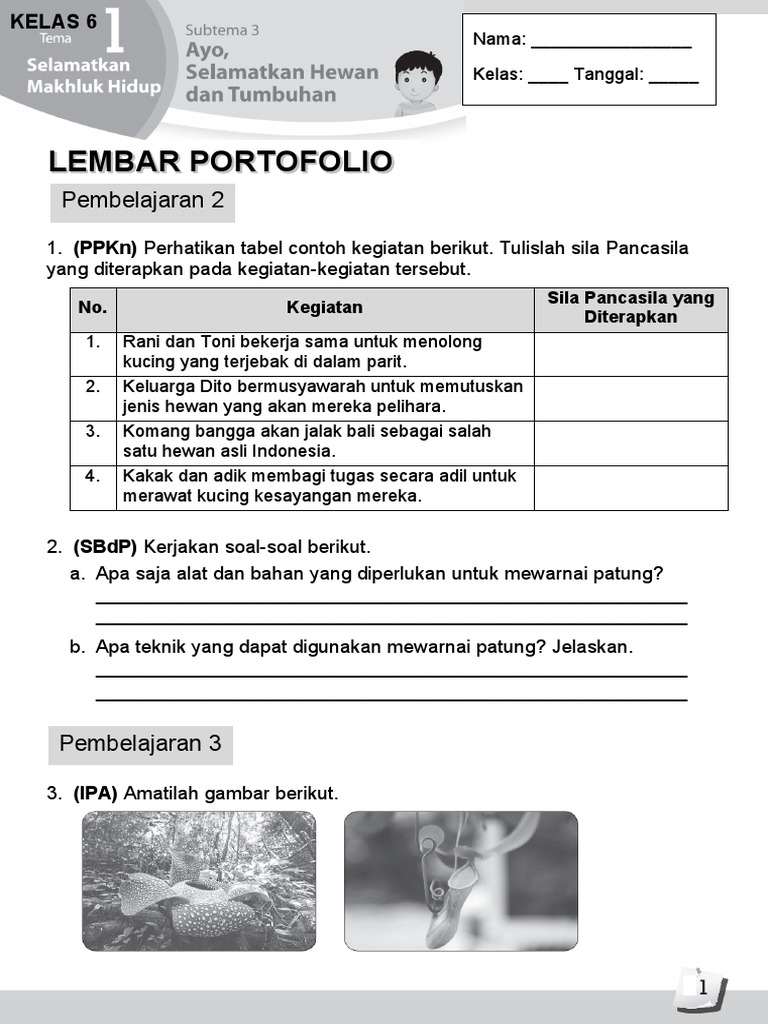 LEMBAR PORTOFOLIO BUPENA 6A Tema 1 Sub 3 | PDF