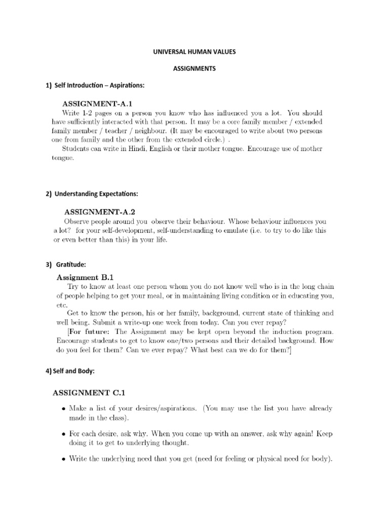 Universal Human Values Assignments 1) Self Introduction - Aspirations | PDF