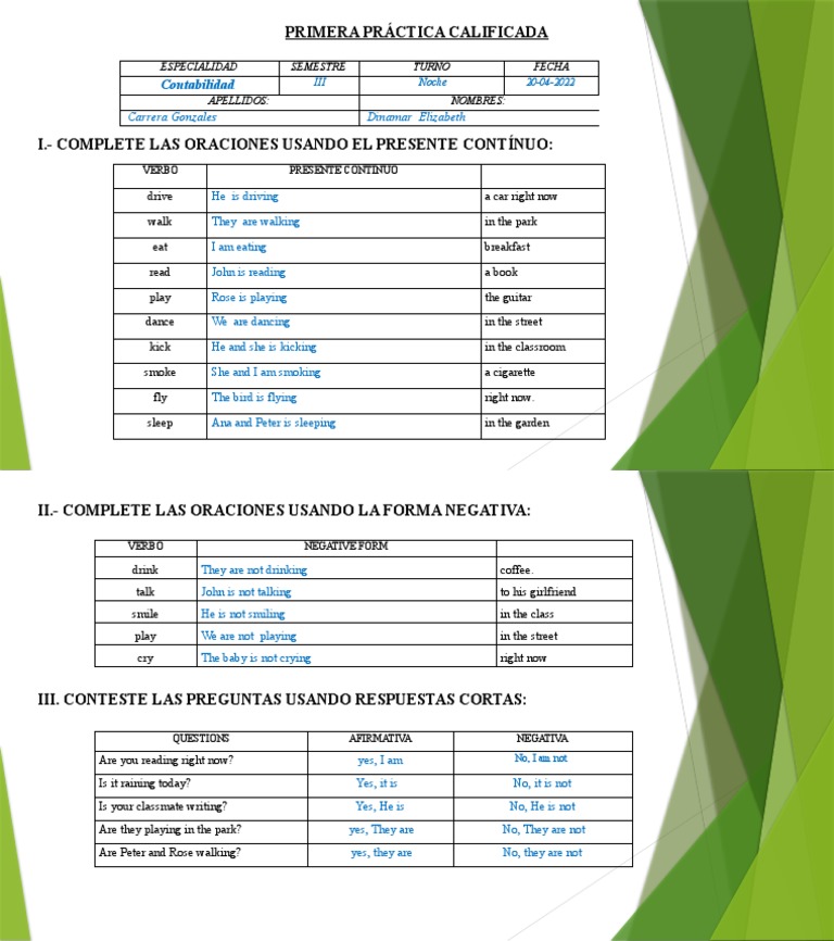 Práctica Calificada Presente Progresivo | PDF
