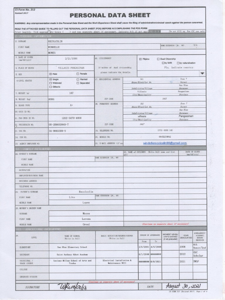 Personal Data Sheet | PDF
