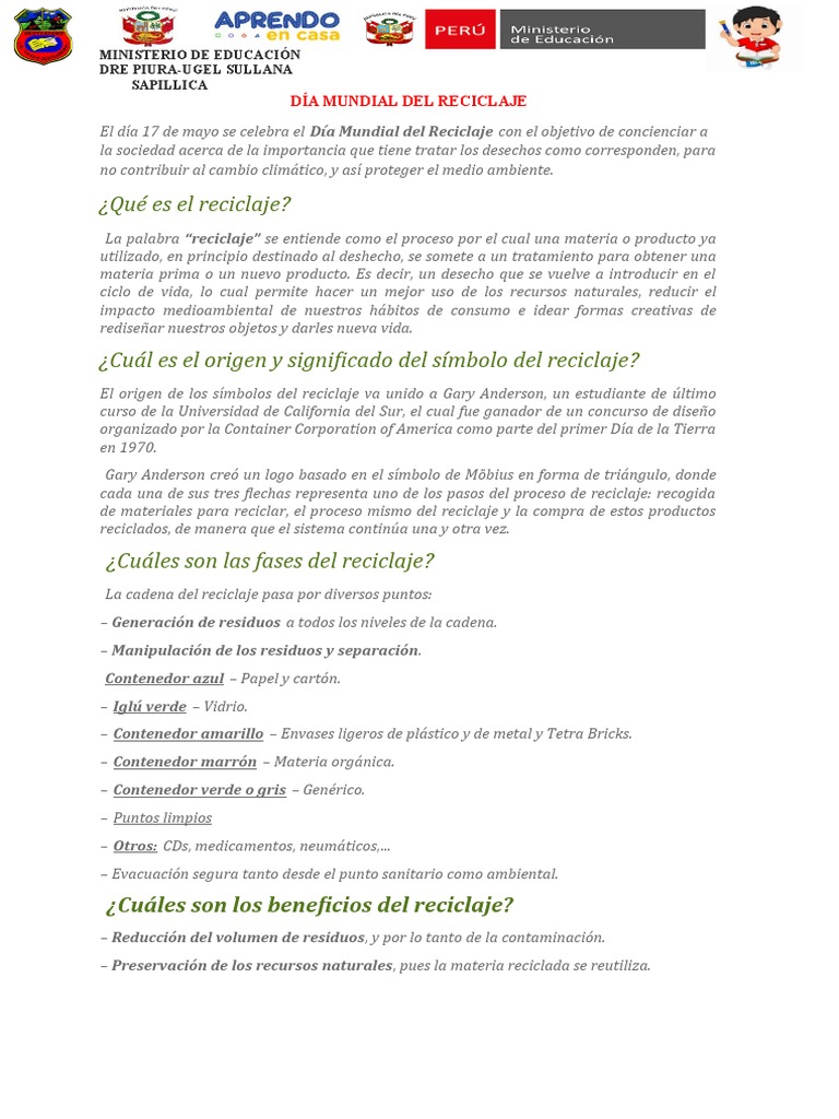 Ficha Día Mundial Del Reciclaje | PDF | Reciclaje | Residuos