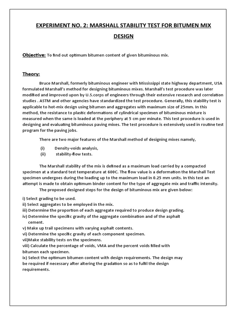 Experiment No. 2: Marshall Stability Test For Bitumen Mix Design | PDF ...