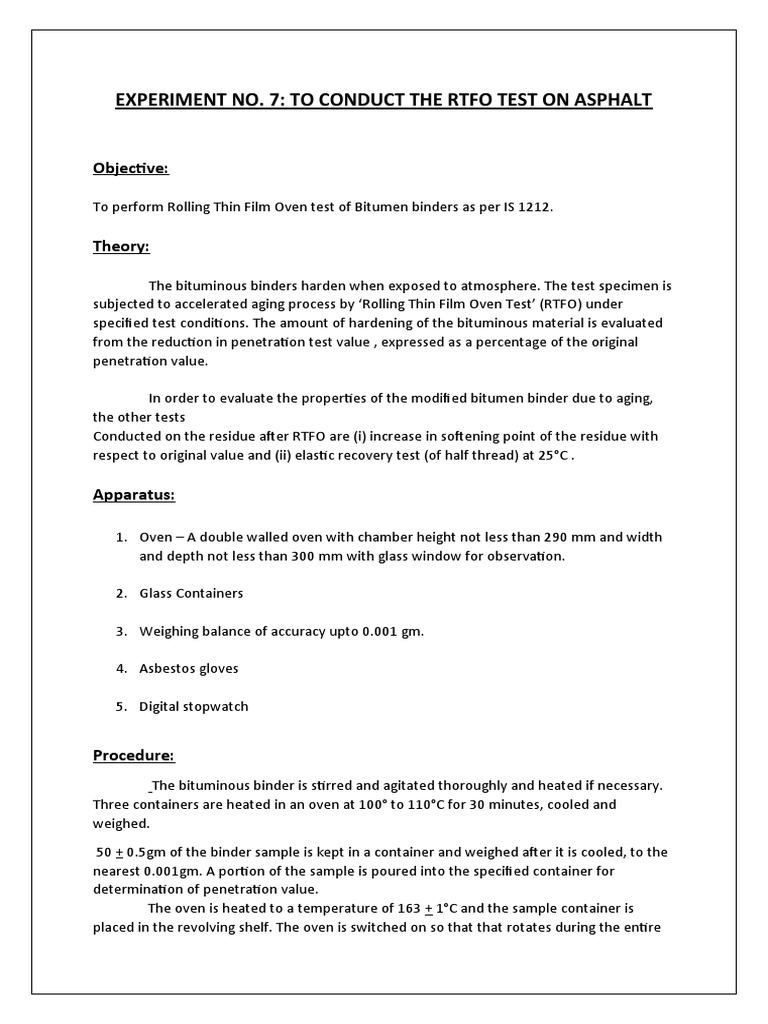 Experiment No. 7: To Conduct The Rtfo Test On Asphalt: Objective | PDF ...