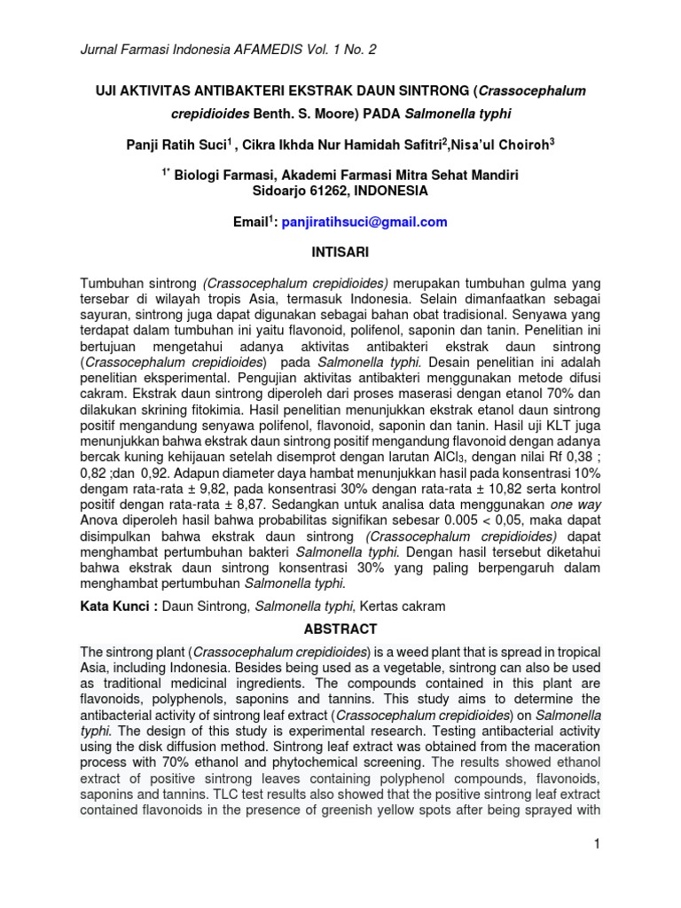 UJI AKTIVITAS ANTIBAKTERI EKSTRAK DAUN SINTRONG TERHADAP Salmonella ...