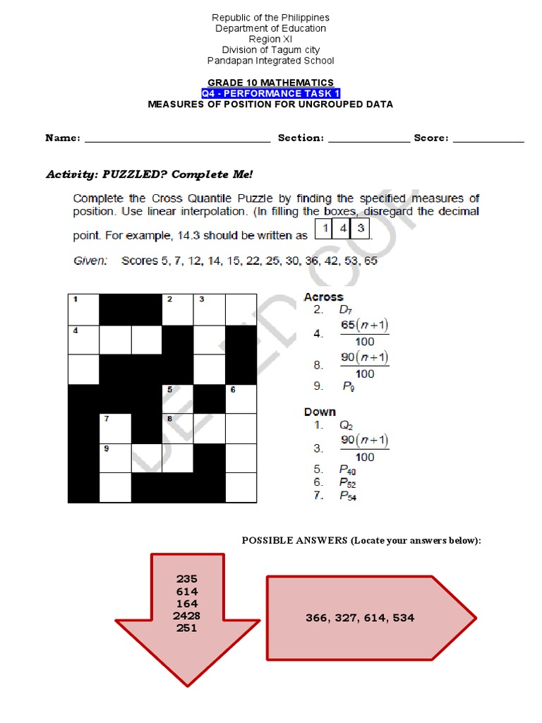 Grade 10 Math Performance Task: Measures of Position | PDF
