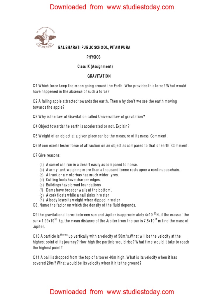 CBSE Class 9 Physics Worksheet - Gravitation | PDF | Weight | Gravity