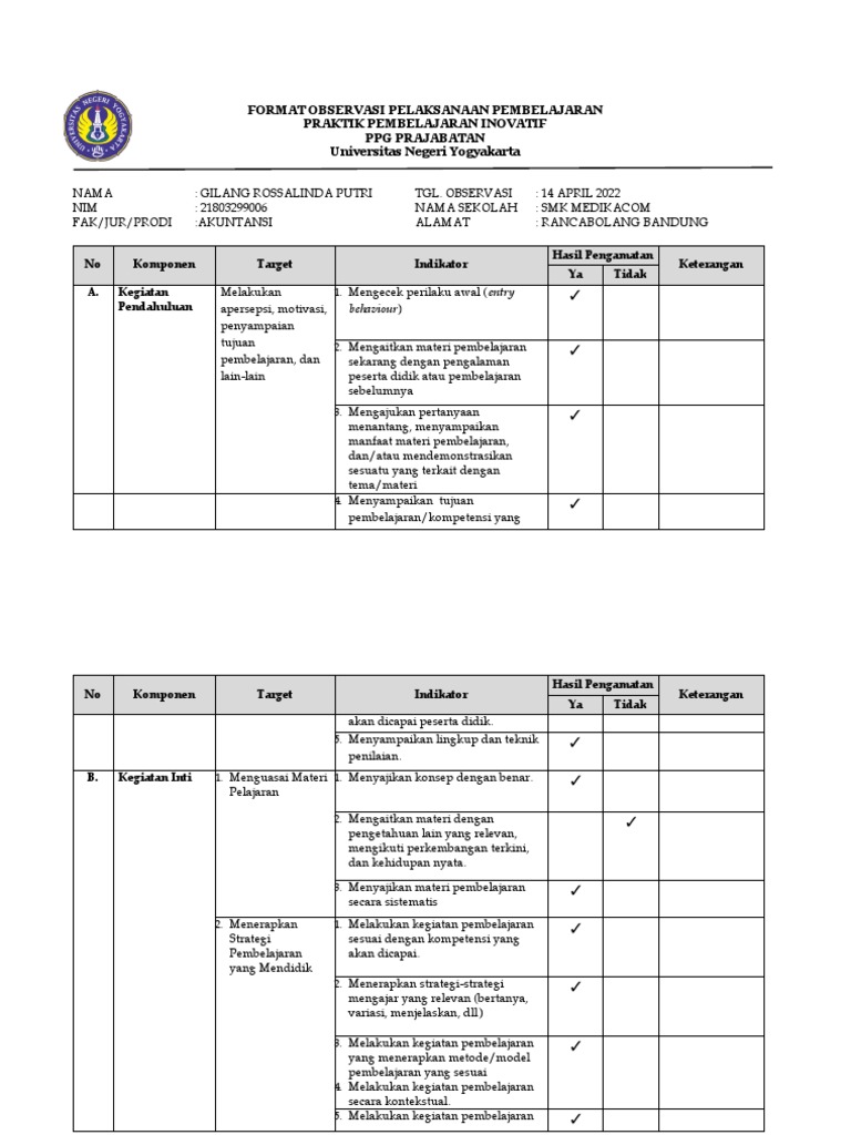Format Observasi Pelaksanaan Praktik Pembelajaran Inovatif | PDF