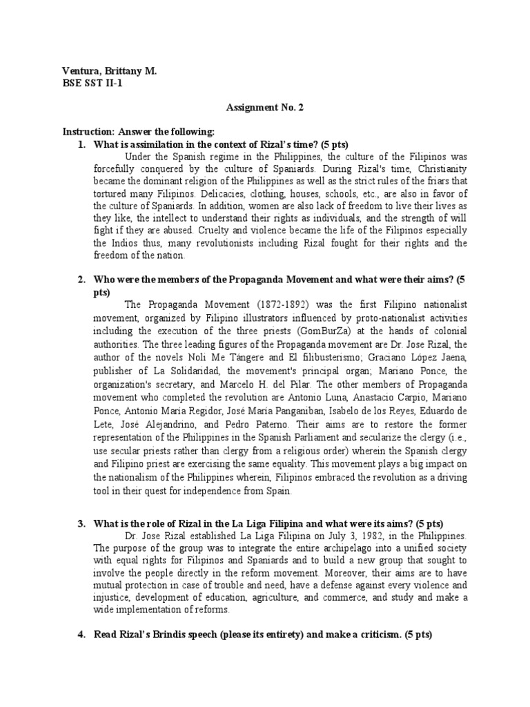 Rizal, Assignment 2 | PDF | Philippines