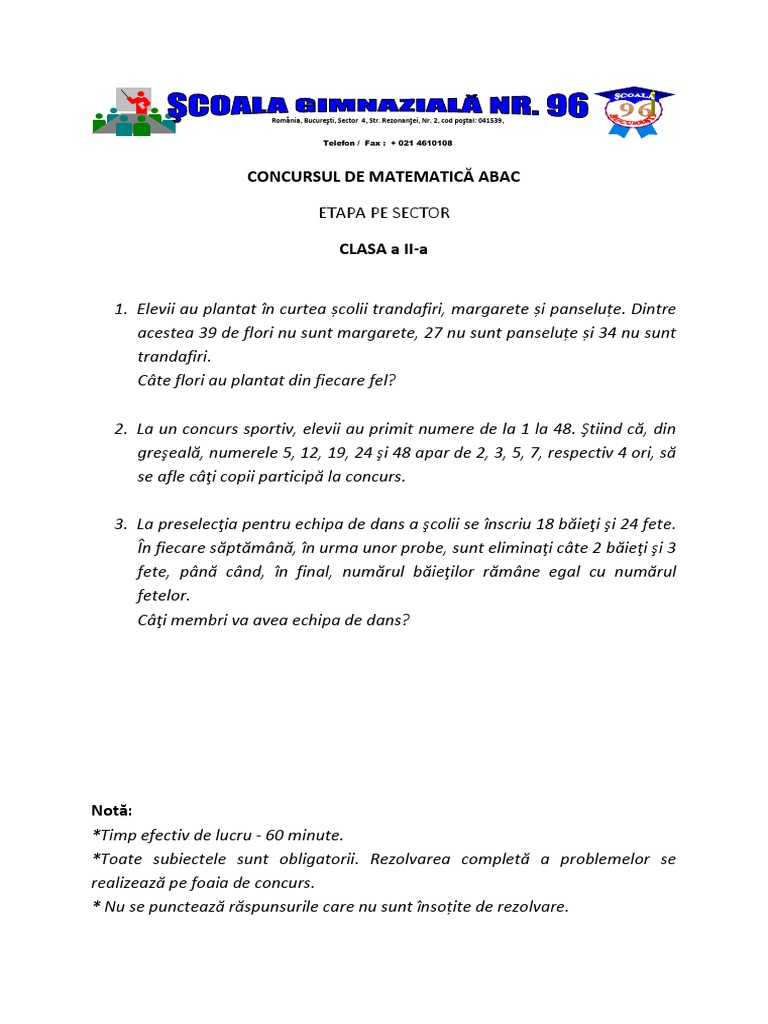 Concurs Matematica ABAC 2017 Clasa 2 | PDF