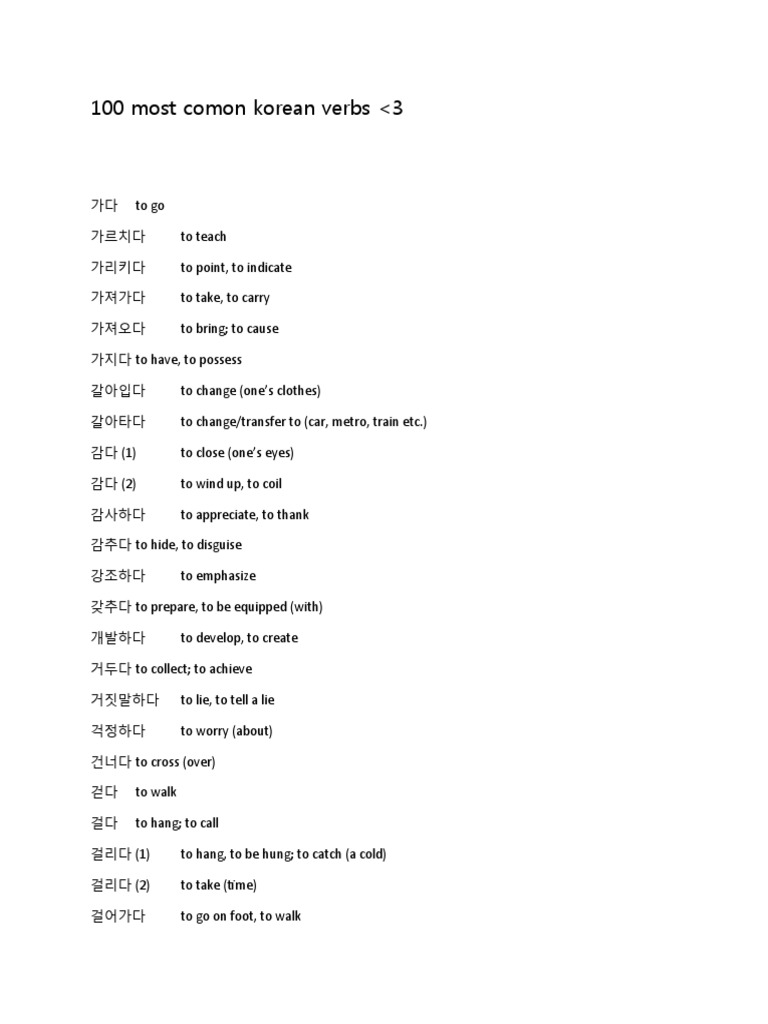 100 Most Comon Korean Verbs | PDF