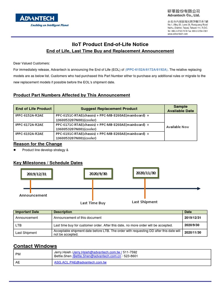 Product Phase Out Notice IPPC 6152 6172 6192 R2AE | PDF | End Of Life ...