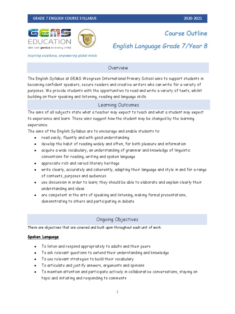 Grade 7 English Language Syllabus Overview 2020-2021 | PDF | Vocabulary ...