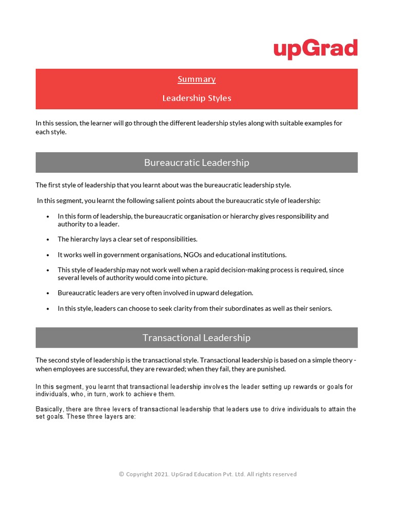 Summary Leadership Style | PDF | Leadership | Transformational Leadership