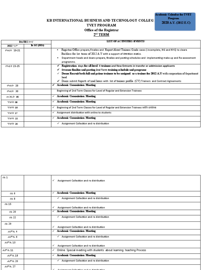 Academic Calendar for TVET Program at KB International Business and ...