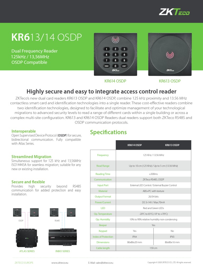 Fisa Tehnica Cititor de Proximitate ZKTeco ACC-ER-KR614-OSDP | PDF | Manufactured Goods ...