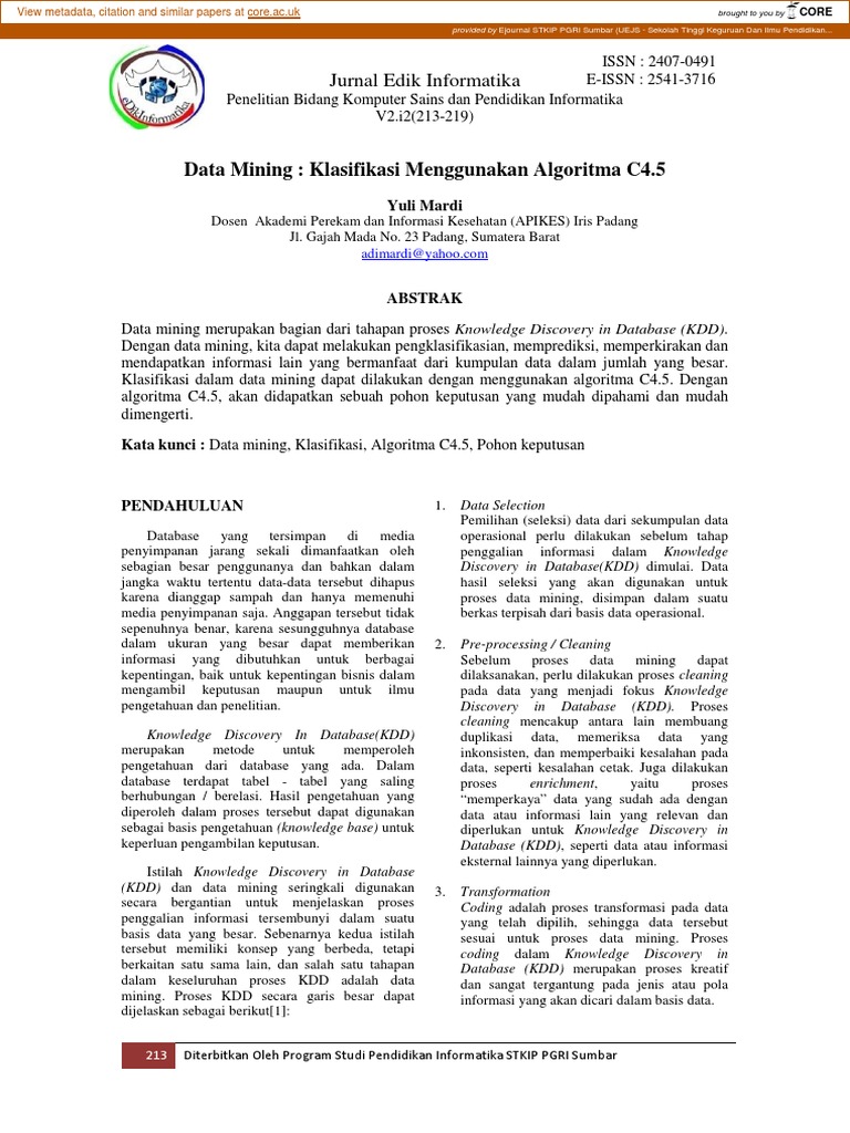 Data Mining: Klasifikasi Menggunakan Algoritma C4.5: Jurnal Edik Informatika | PDF