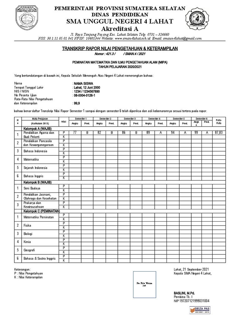 Format Transkrip Nilai Rapor P K Semester 1 6 | PDF