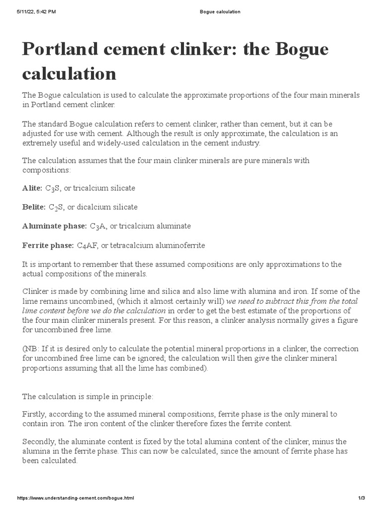 Portland Cement Clinker: The Bogue Calculation: Alite: C Belite: C ...