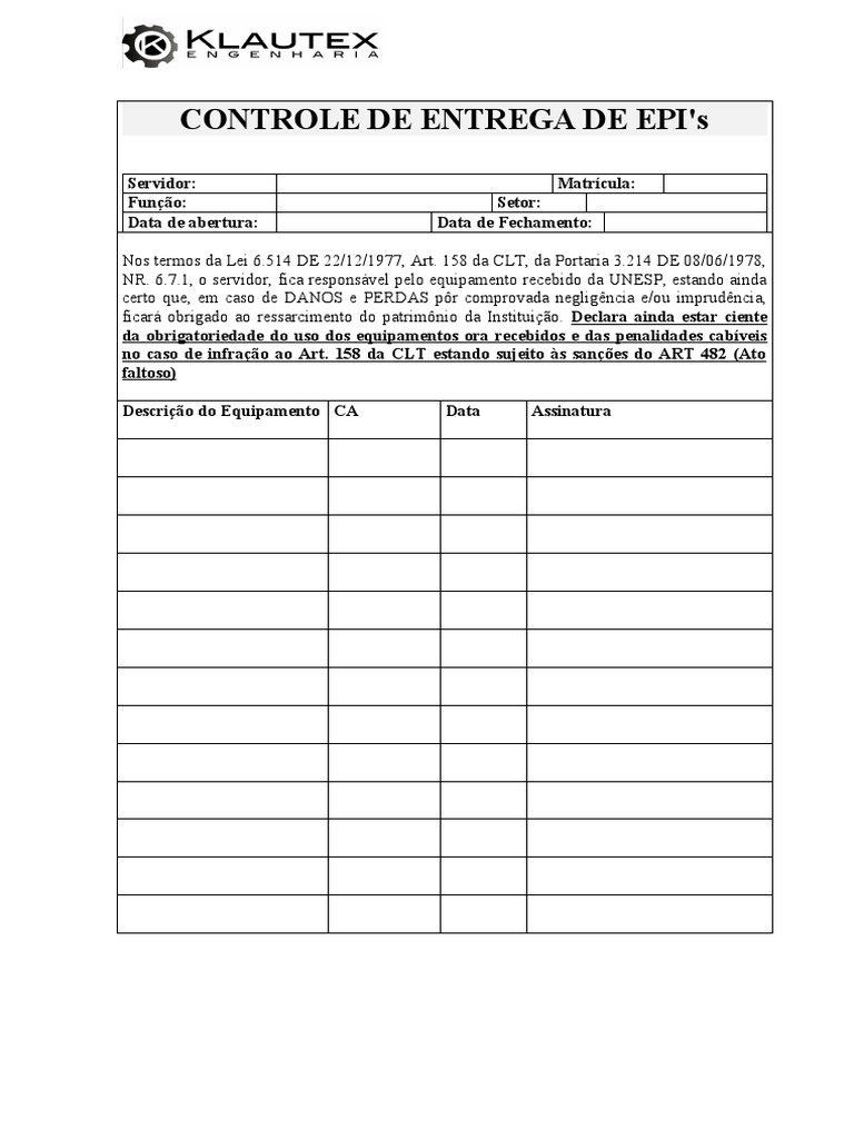 Ficha de Controle de Epi | PDF