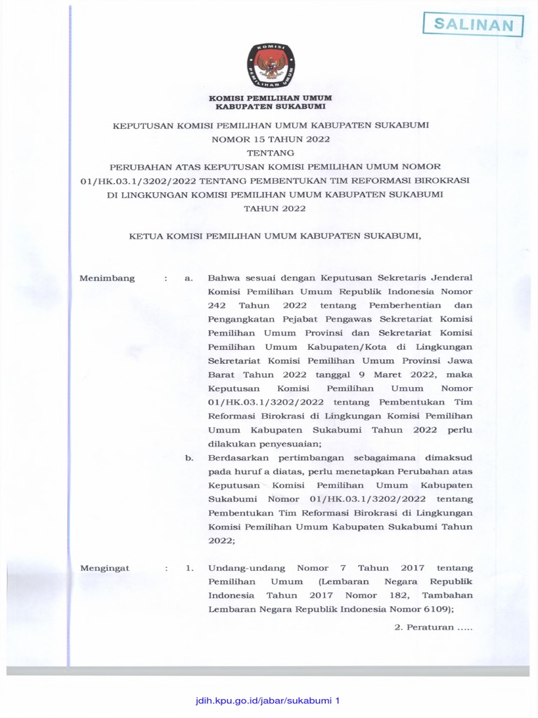 SK 15 Perubahan SK KPU No 01 Tahun 2022 Tentang Tim Reformasi Birokrasi KPU Kab Sukabumi | PDF