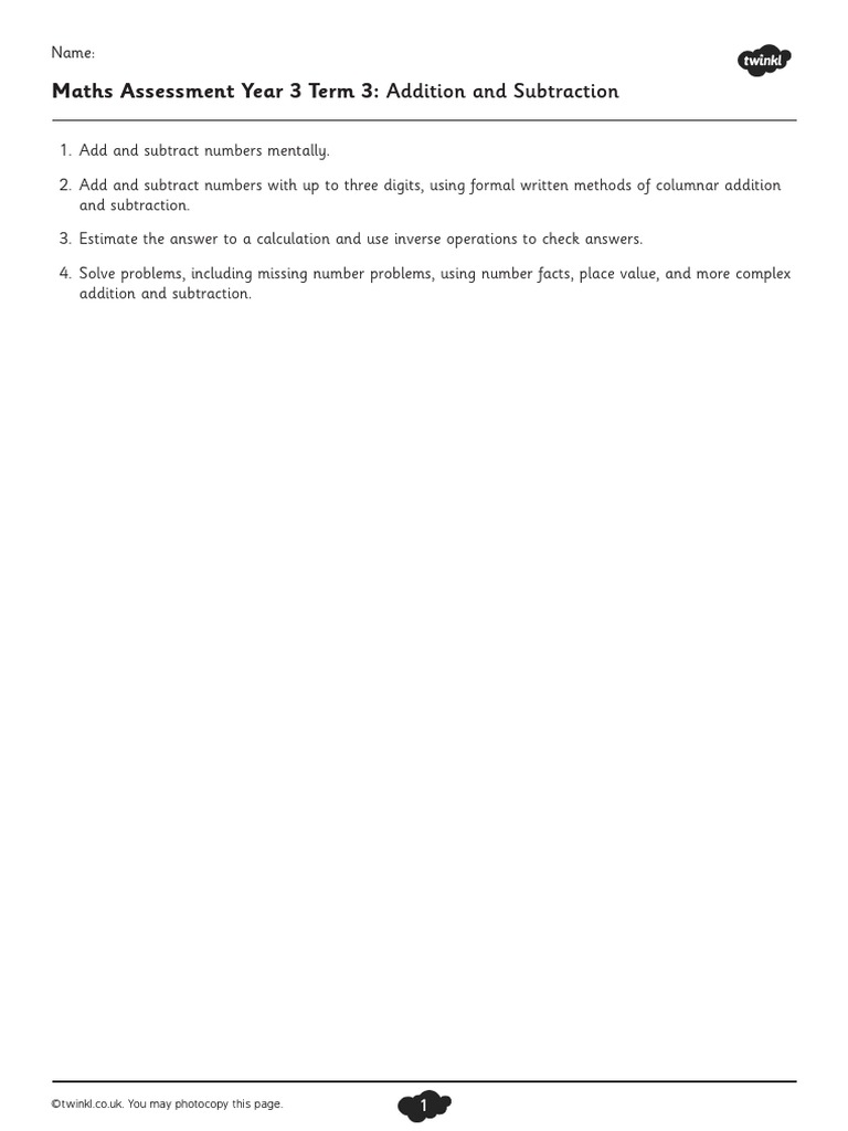 Maths Assessment Year 3 Term 3: Addition and Subtraction: Name | PDF ...