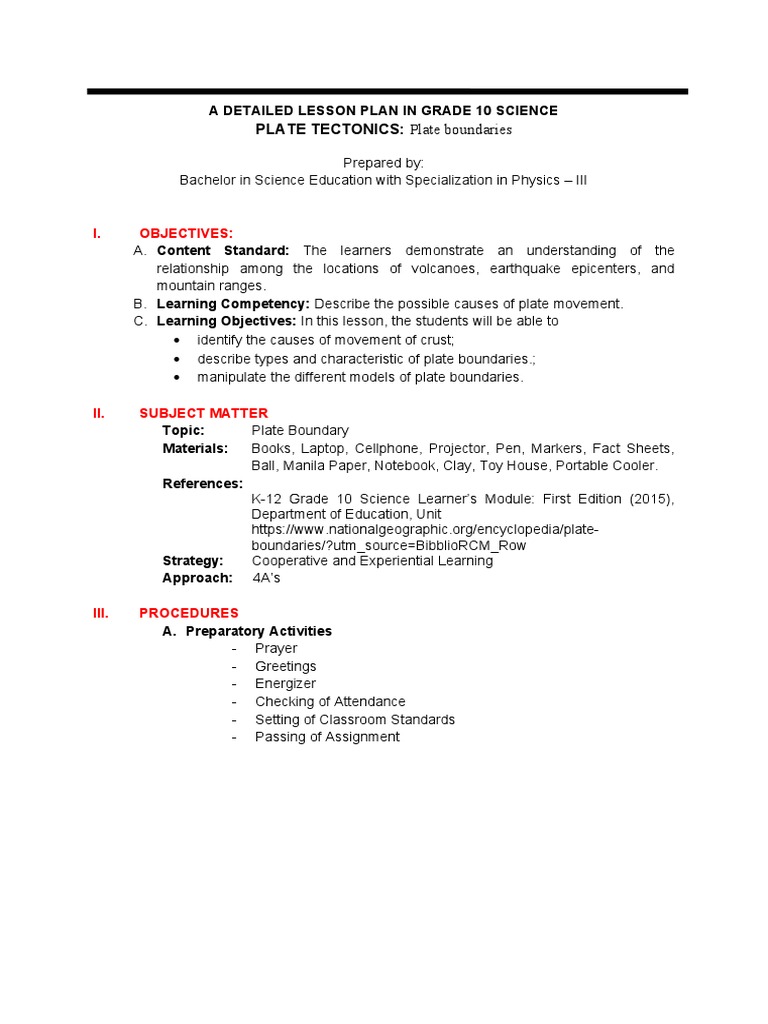 PLATE TECTONICS: Plate Boundaries: A Detailed Lesson Plan in Grade 10 ...