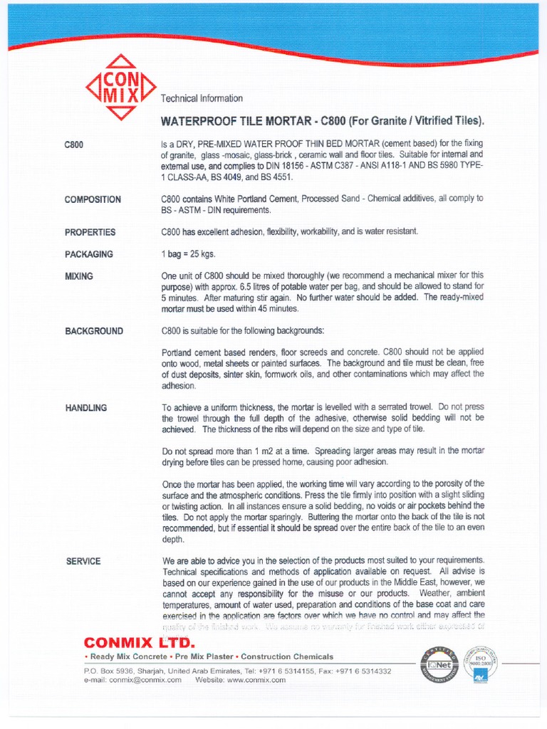 Conmix C800 Technical Statement | PDF | Concrete | Materials