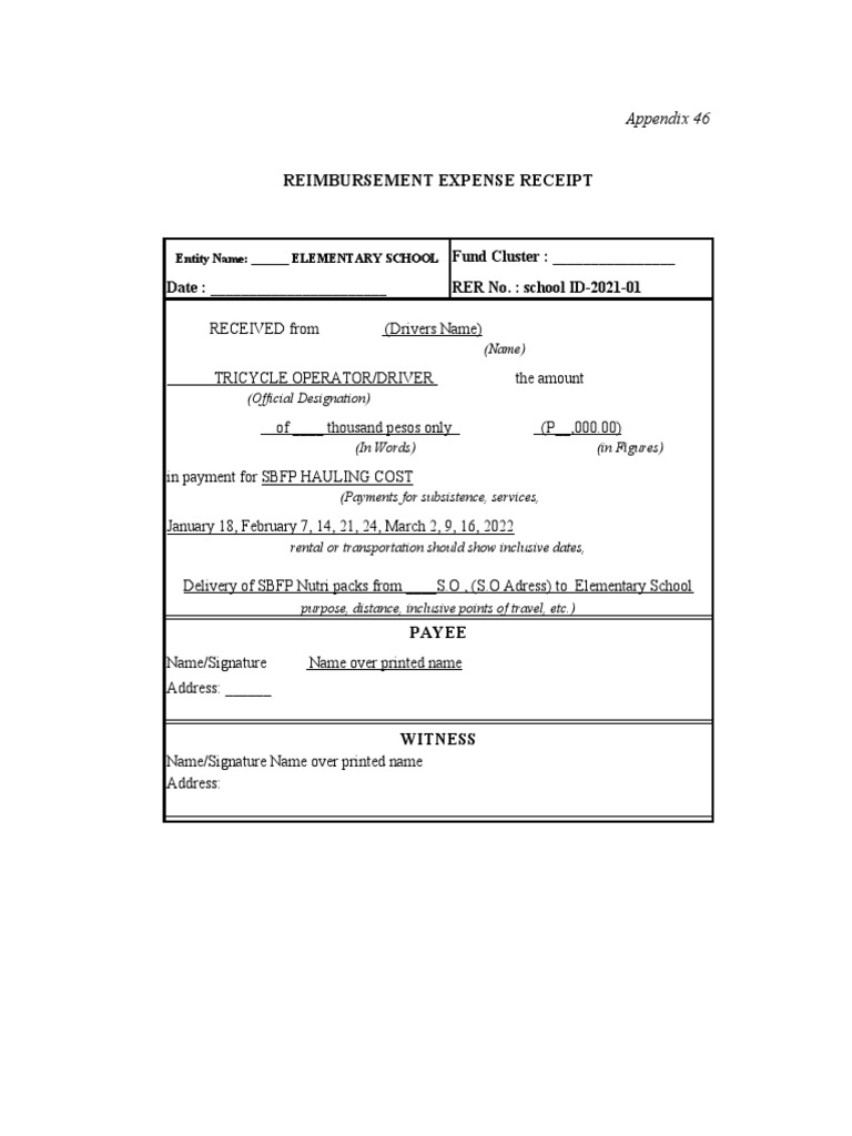 Reimbursement Expense Receipt: Fund Cluster: - Date: - RER No.: School ...