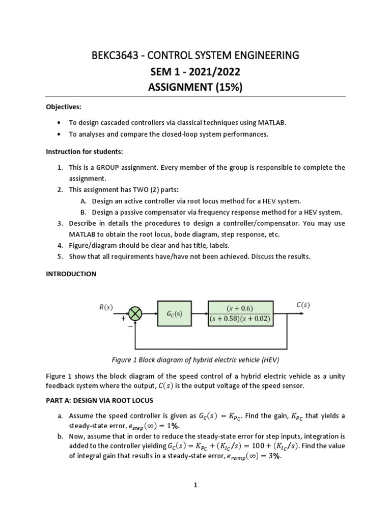 Bekc3643 - Control System Engineering: SEM 1 - 2021/2022 Assignment (15 ...