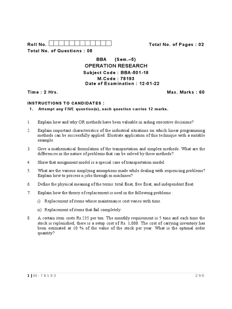 Operation Research: Roll No. Total No. of Pages: 02 Total No. of ...