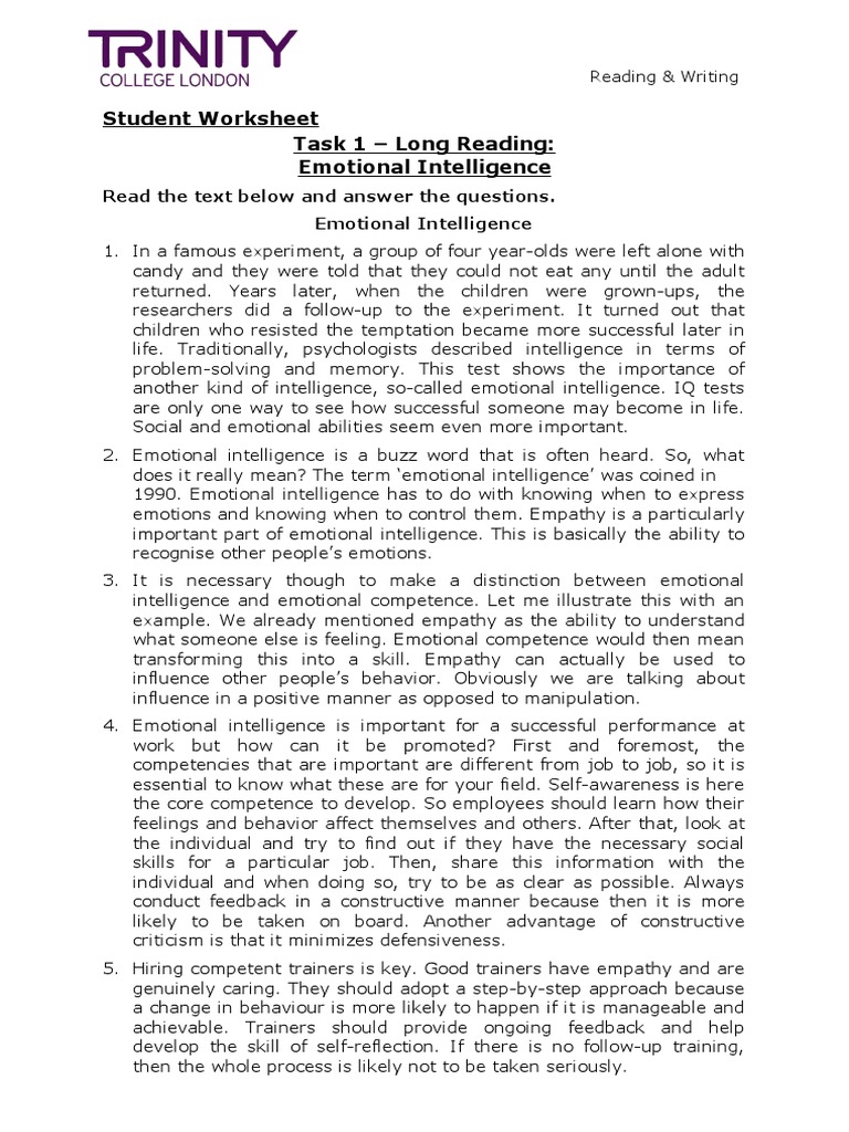 Emotional Intelligence Worksheet | PDF | Emotional Intelligence ...