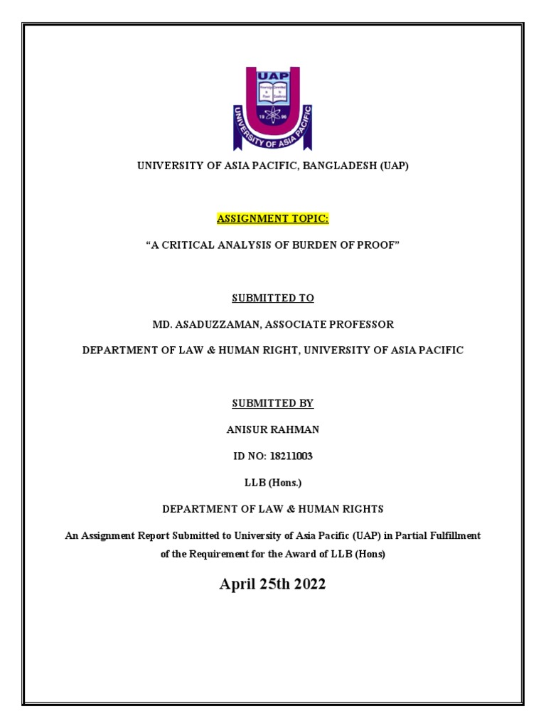 Evidence Law Assignment | PDF | Burden Of Proof (Law) | Evidence (Law)