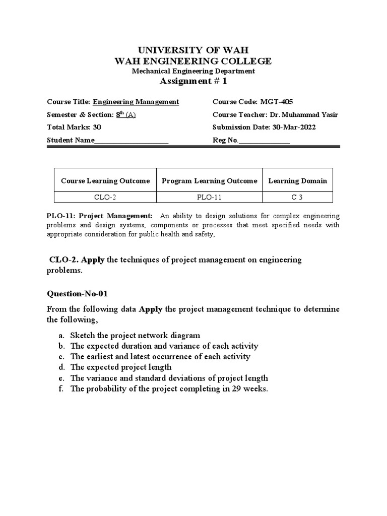 University of Wah Wah Engineering College Assignment # 1: (Reg No. | PDF | Engineering | Project ...