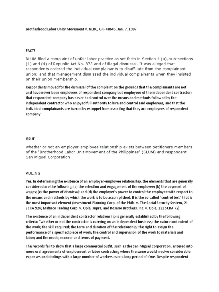 Determining the Existence of an Employer-Employee Relationship Through ...