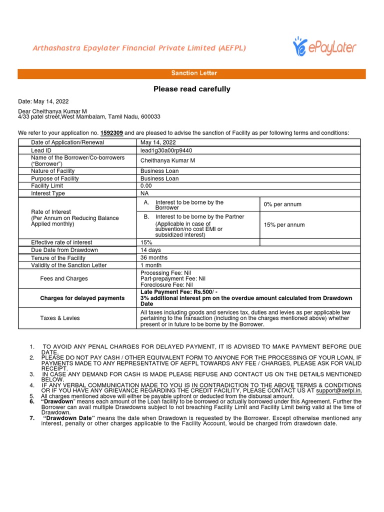 Sanction Letter | PDF | Interest | Loans