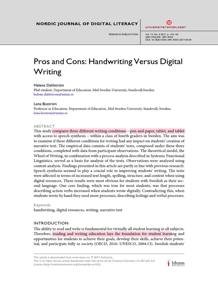 Pros and Cons Handwriting Versus Digital Writing | PDF | Second ...
