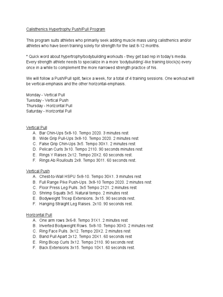 Calisthenics Hypertrophy Push-Pull Program | PDF | Physical Exercise ...