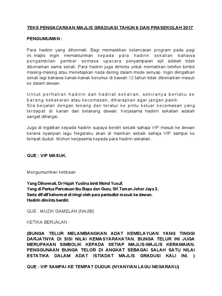 Teks Pengacaraan Majlis Graduasi Tahun 6 Dan Prasekolah 2017 | PDF