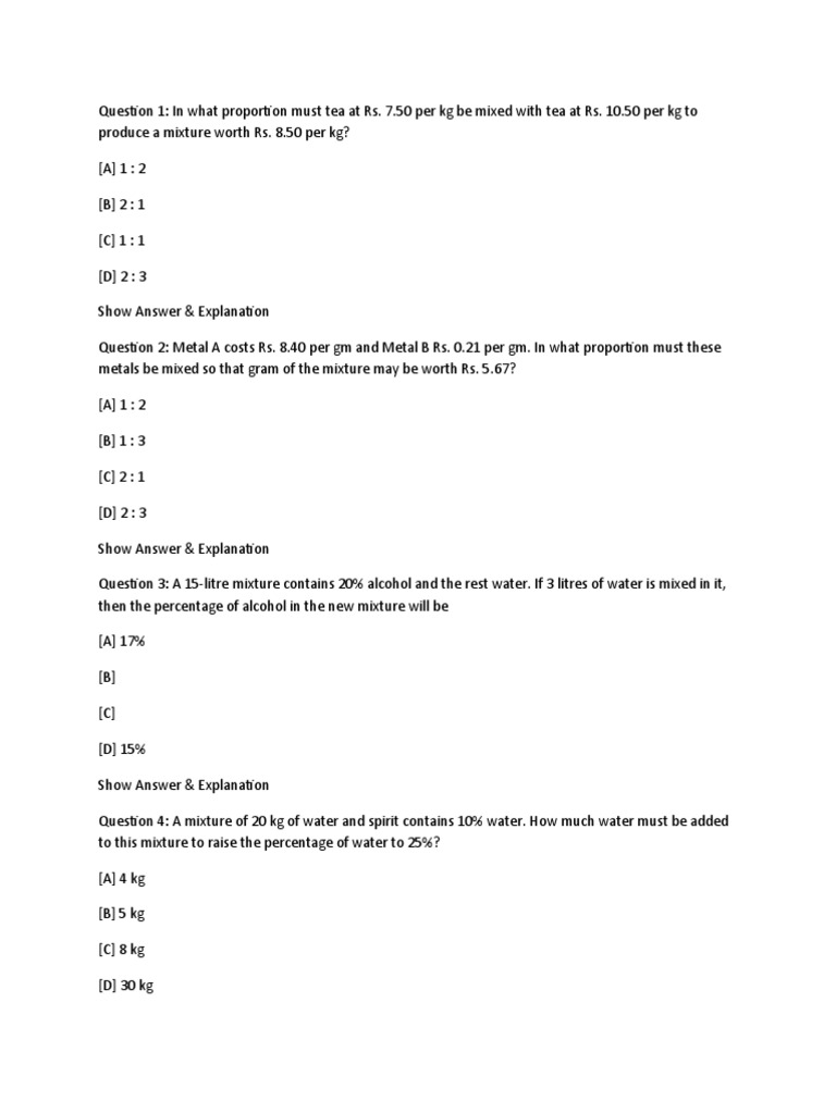 Mixture and Alligation Practice Questions with Detailed Solutions | PDF ...