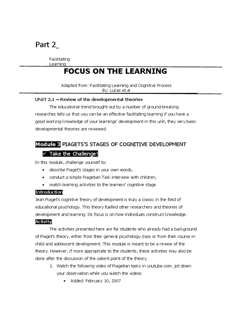 Focus On The Learning: Piagets'S Stages of Cognitive Development | PDF ...