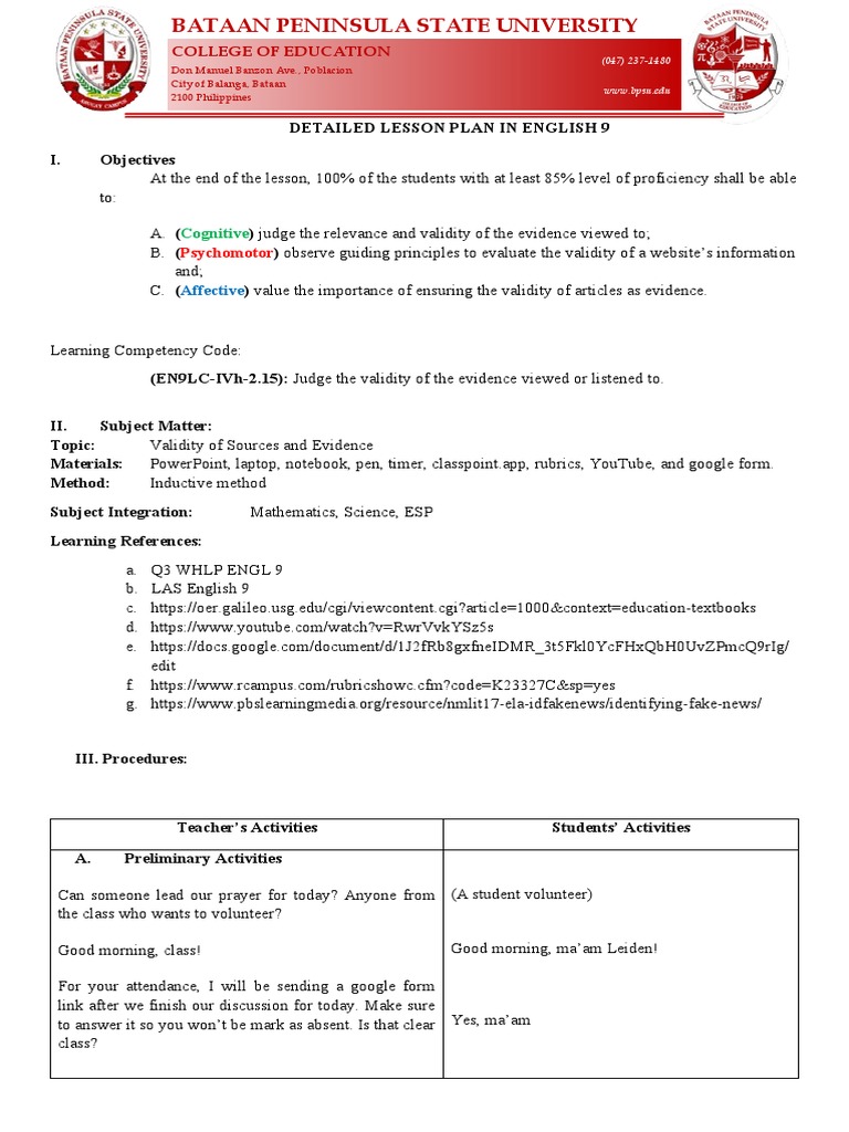 Grade 9 Detailed Lesson Plan Quarter 3: Judge The Validity of Evidence | PDF | Validity ...