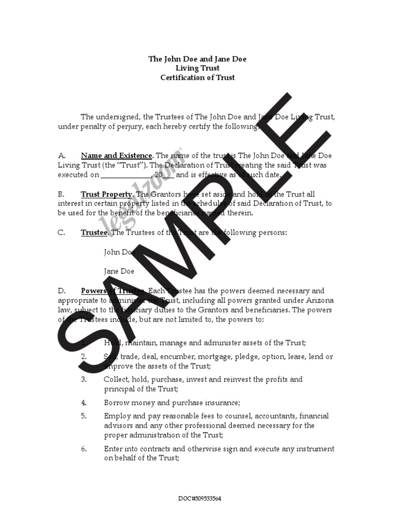 Certification of Trust Sample Document | PDF | Trust Law | Trustee