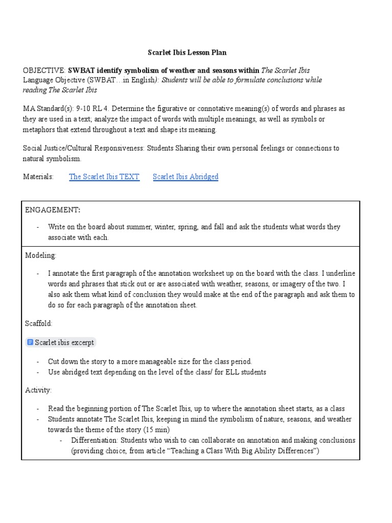 Scarlet Ibis Lesson Plan | Download Free PDF | Lesson Plan | Behavior ...