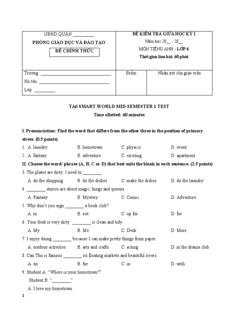 Đề KT giữa HK1 TA6 Smart World | PDF | Amsterdam | Verb