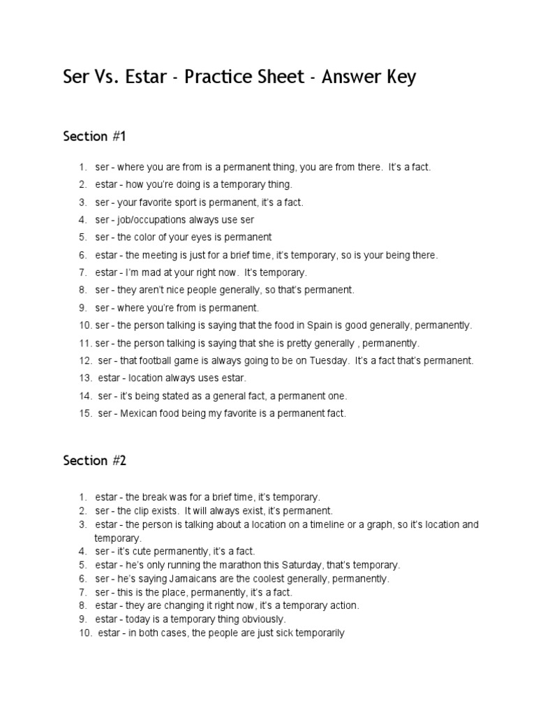Ser vs. Estar - Practice Sheet - Answer Key | PDF