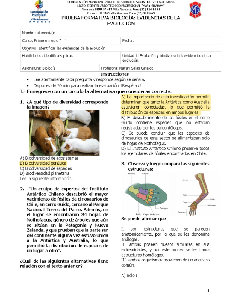 Bio - 1EM - U1 - E01 - Corrección Evaluación Formativa Evidencias de La Evolución | PDF ...