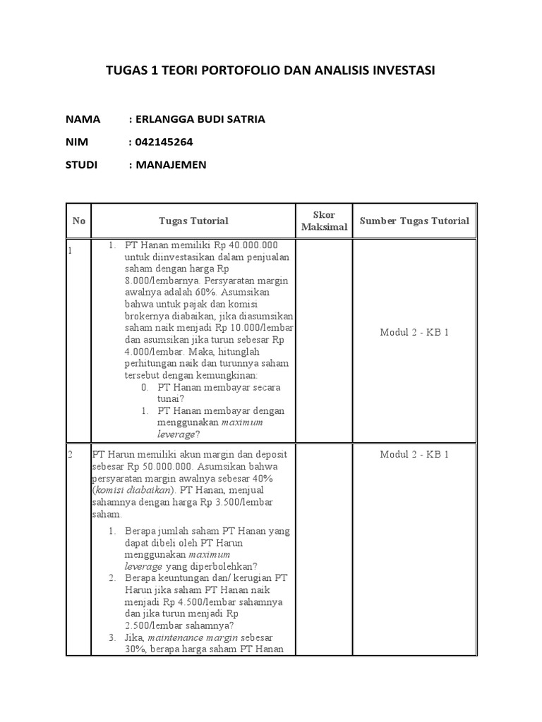 Tugas 1 Teori Portofolio Dan Analisis Investasi | PDF