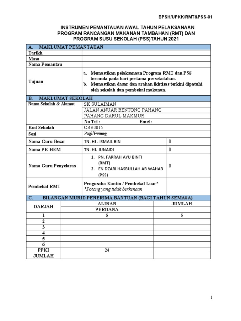 Instrumen Pemantauan Awal Tahun RMT & PSS Revised Mac-1 | PDF